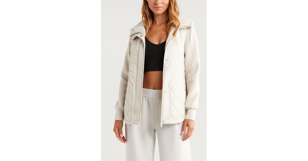 Zella Hybrid Quilted Knit Hooded Jacket in White | Lyst