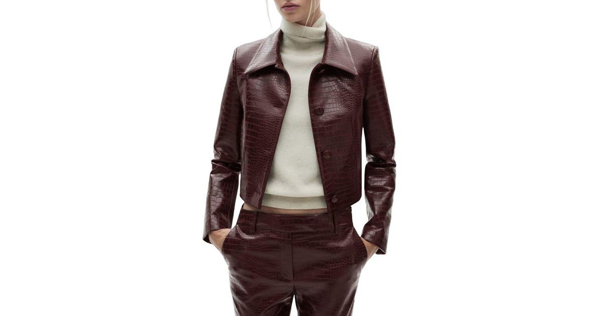 Mango Doris Croc Embossed Faux Leather Jacket in Brown | Lyst
