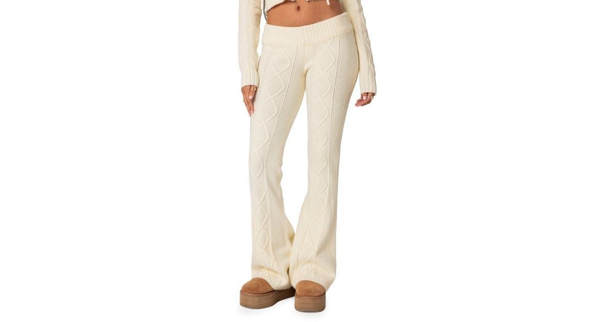 Edikted Ray Cable Stitch Knit Flare Sweater Pants in Natural | Lyst