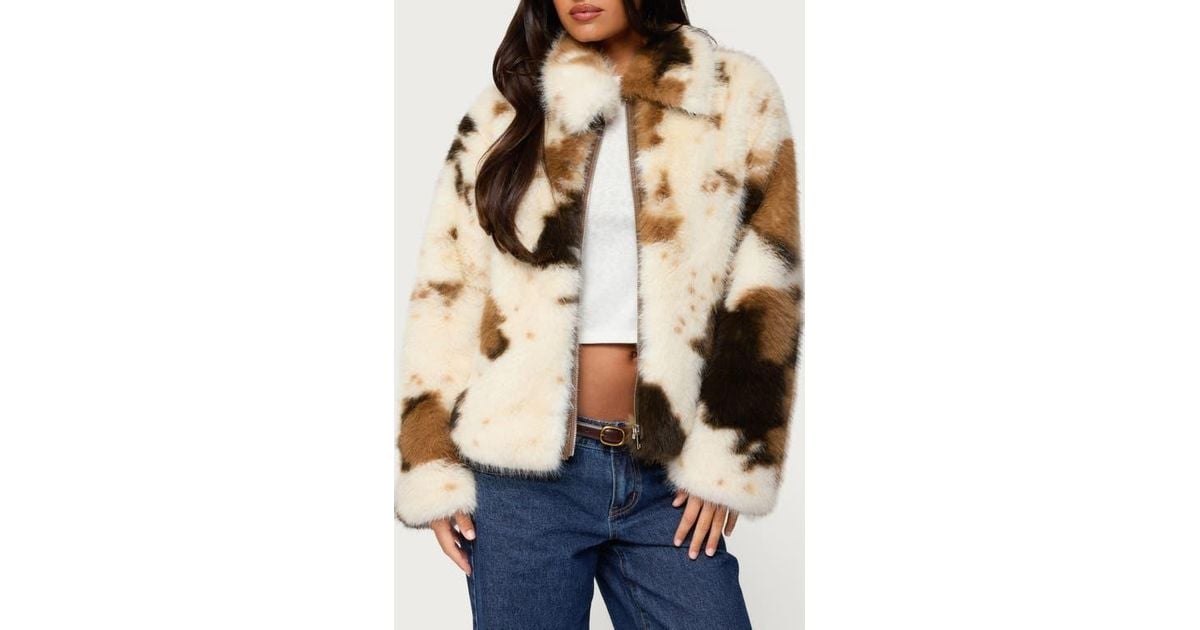 Edikted Rayan Cow Print Faux Fur Jacket in Blue | Lyst