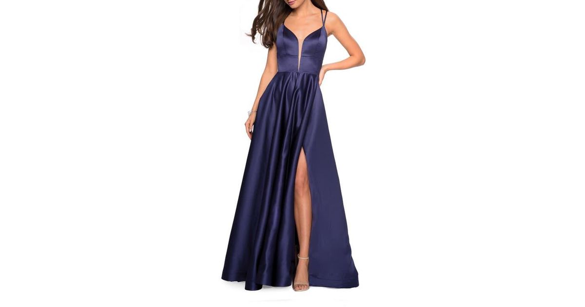 La Femme Long Satin Formal Gown With Leg Slit And Strappy Back in Blue ...