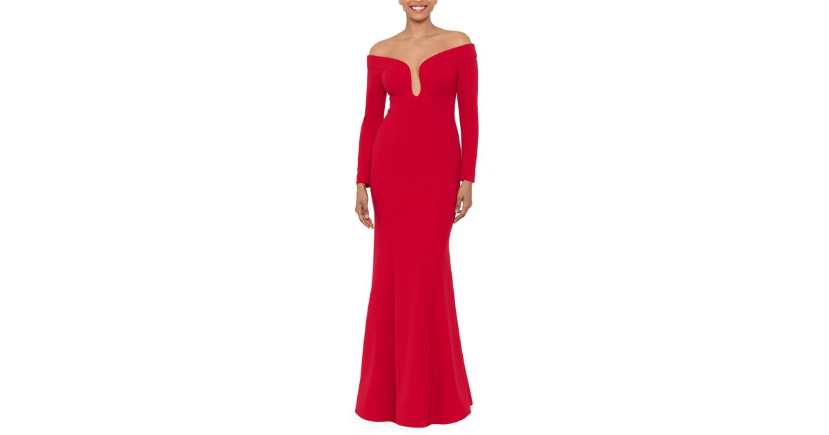 Xscape Illusion Long Sleeve Scuba Crepe Gown In Red Lyst