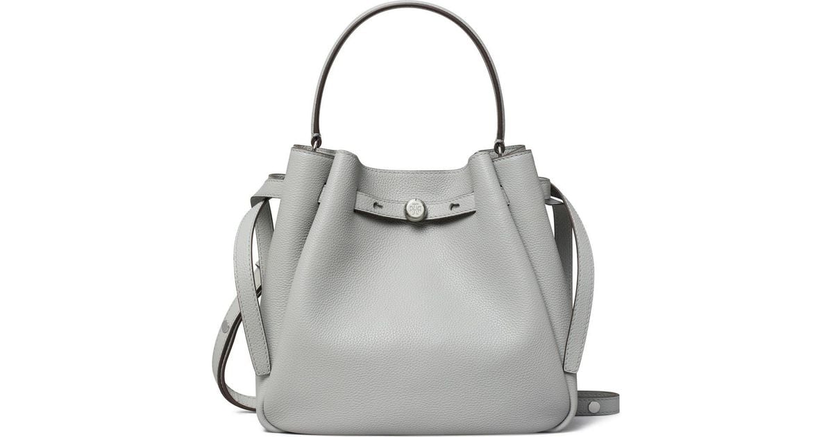 Tory Burch Romy Pebble Leather Bucket Bag in Gray | Lyst