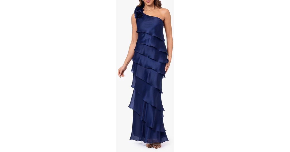Xscape Evenings Ruffle One-Shoulder Tiered Charmeuse Gown in Blue | Lyst