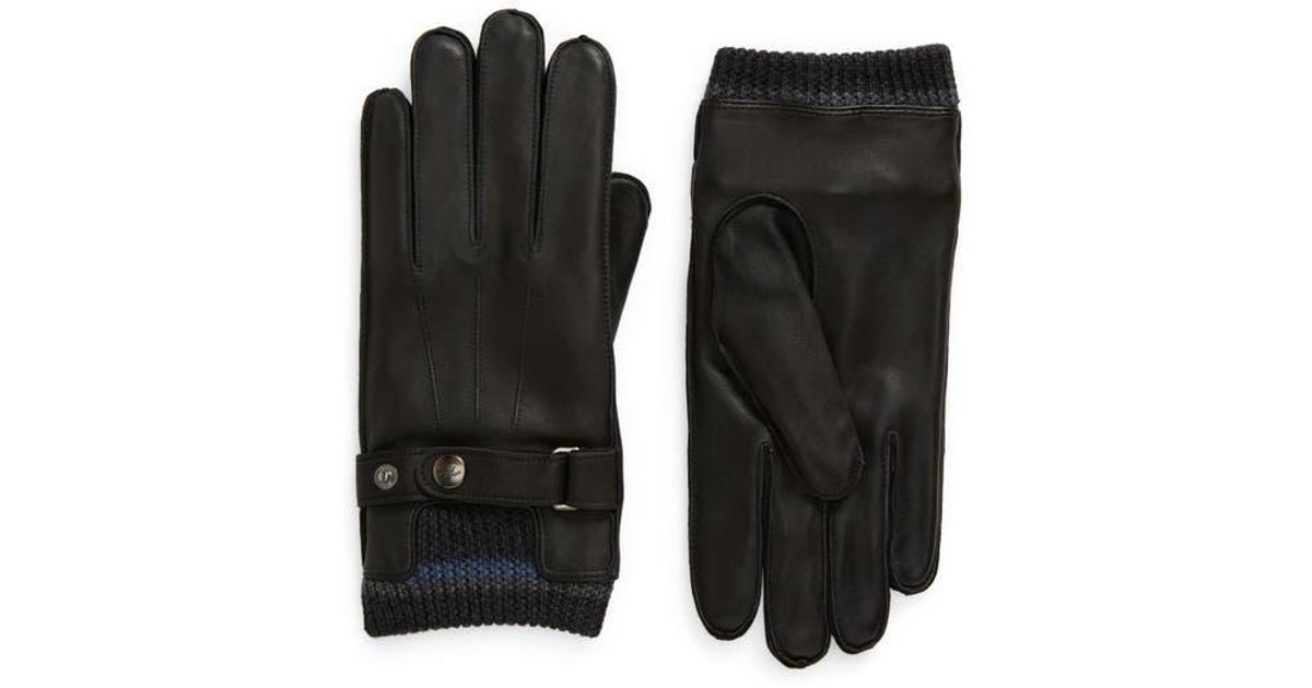 Robert Barakett Knit Wool Cuff Strap Detail Leather Gloves in Black for ...