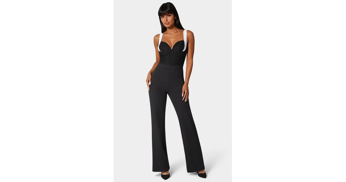 Bebe Lace Insert Flared Jumpsuit in Blue | Lyst