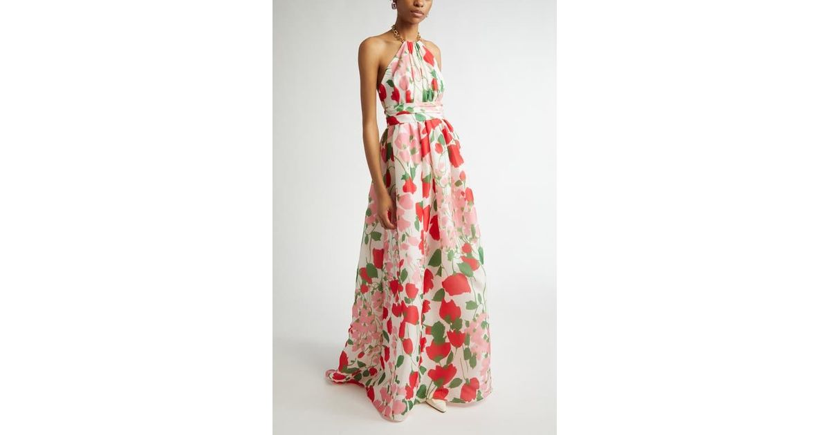Carolina Herrera Chain Strap Floral Silk Gazar Halter Gown in Red | Lyst