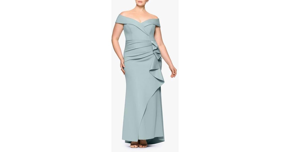 Xscape Evenings Off The Shoulder Ruffle Scuba Crepe Gown in Blue | Lyst