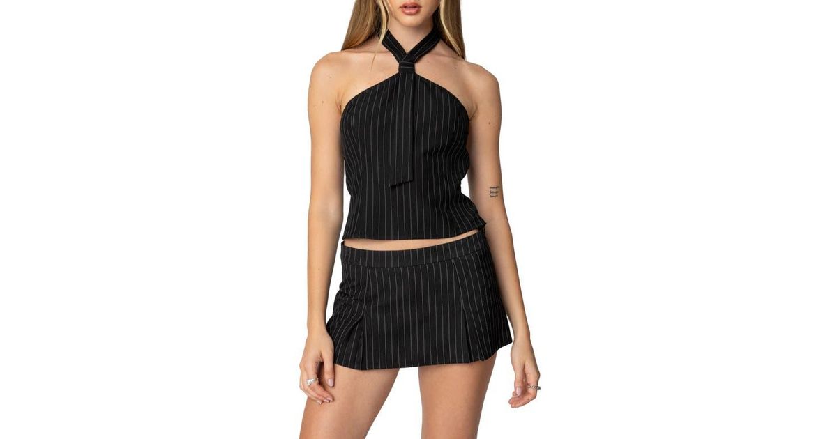 Edikted Karine Pinstripe Tie Halter Top in Black | Lyst