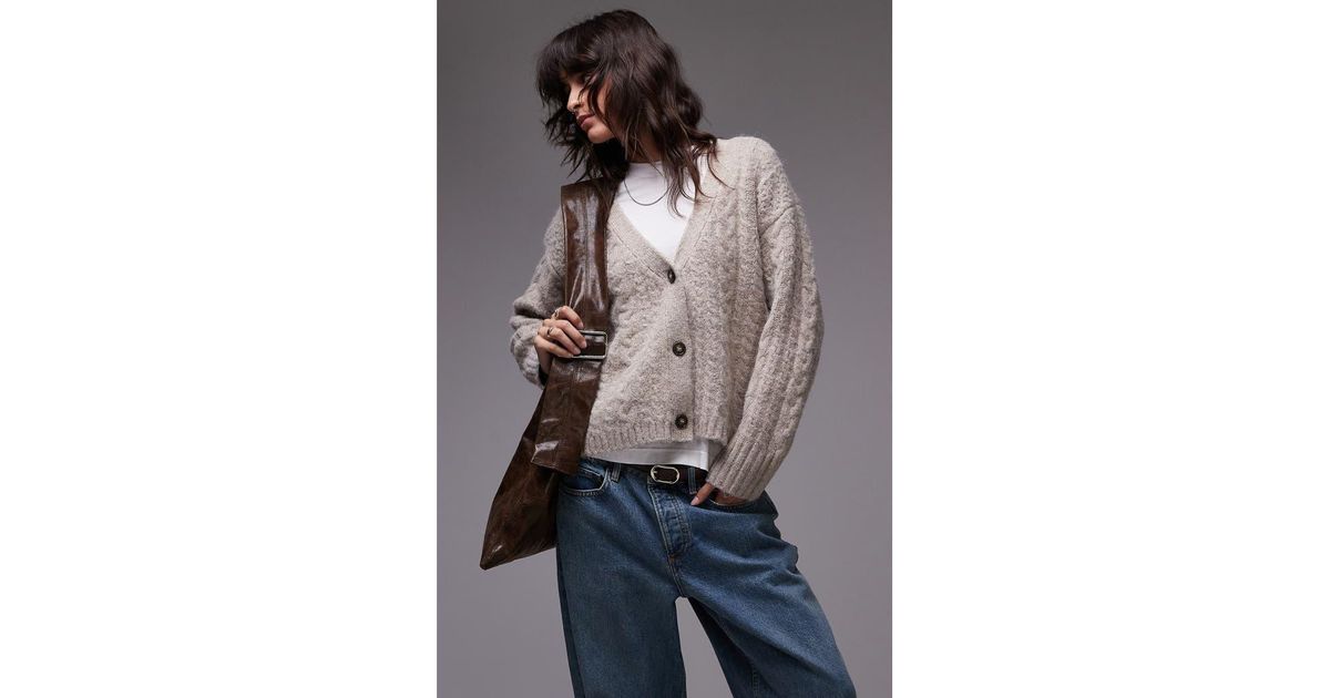 TOPSHOP Relaxed Cable Stitch Cardigan in Brown | Lyst