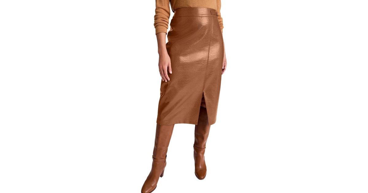 Jessica London Faux Leather Croc Wrap Skirt in Brown | Lyst