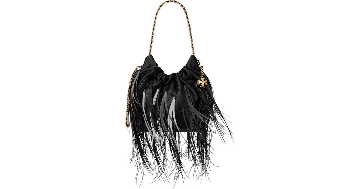 Tory Burch Mini Fleming Leather Feather Hobo Bag in Black | Lyst