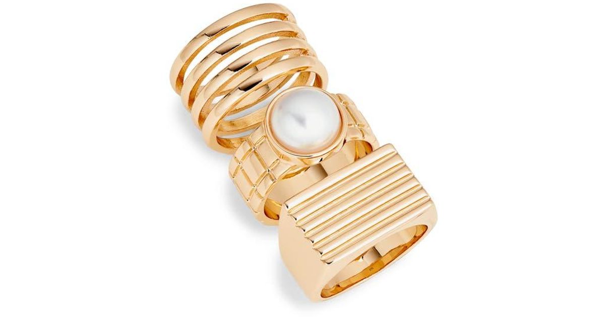 Open Edit Set Of 3 Faux Pearl Ridge Rings in Metallic | Lyst