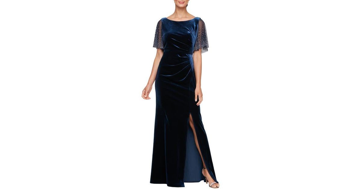 Alex Evenings Embellished Flutter Sleeve Velvet Trumpet Gown in Blue | Lyst