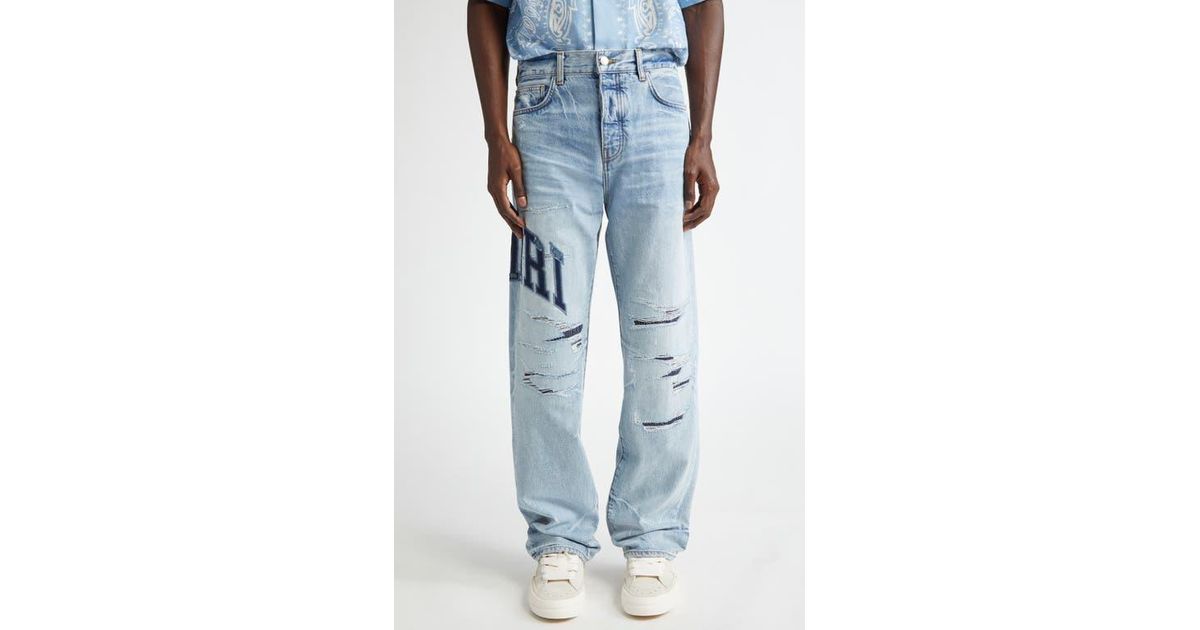 Amiri Varsity Logo Rip & Repair Straight Leg Jeans in Blue for Men | Lyst
