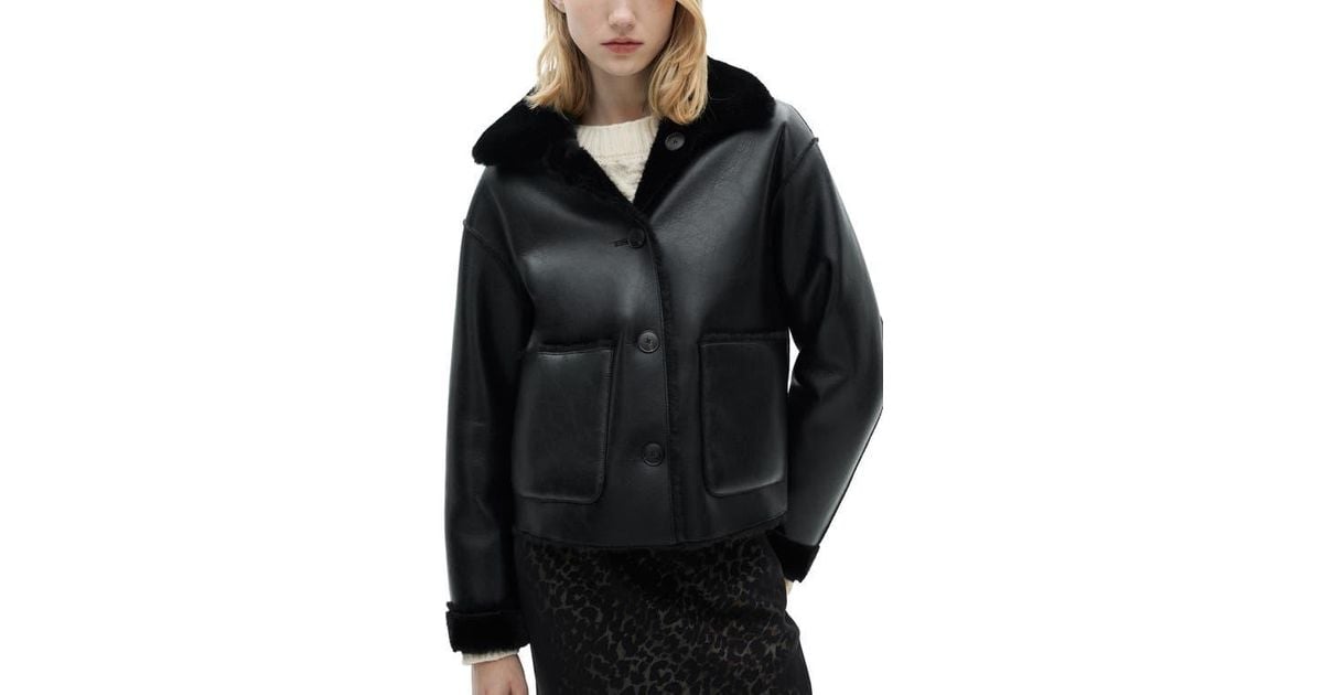 Mango Faux Leather Jacket With Faux Fur Lining in Black | Lyst