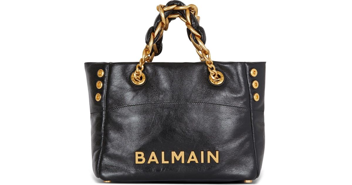 Balmain Small 1945 Soft Crinkle Leather Tote in Black | Lyst