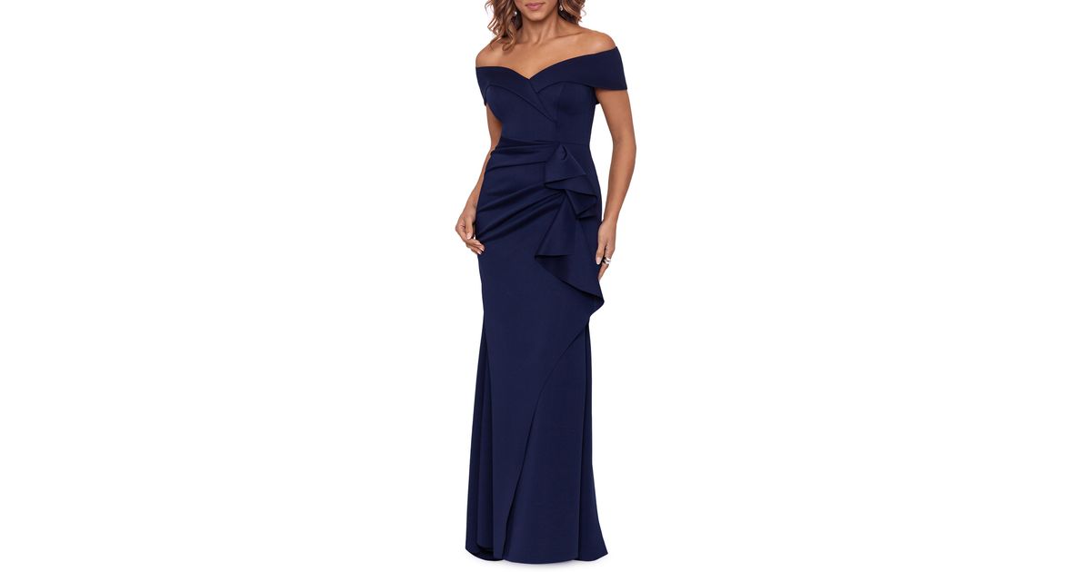 Xscape Off The Shoulder Ruffle Scuba Gown in Blue | Lyst Xscape Off The Shoulder Ruffle Scuba Gown in Blue | Lyst