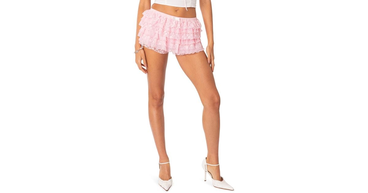 Edikted Unicorn Lace Ruffle Shorts in Pink | Lyst