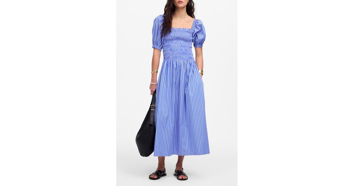 Madewell Smocked Puff Sleeve Midi Dress in Blue | Lyst