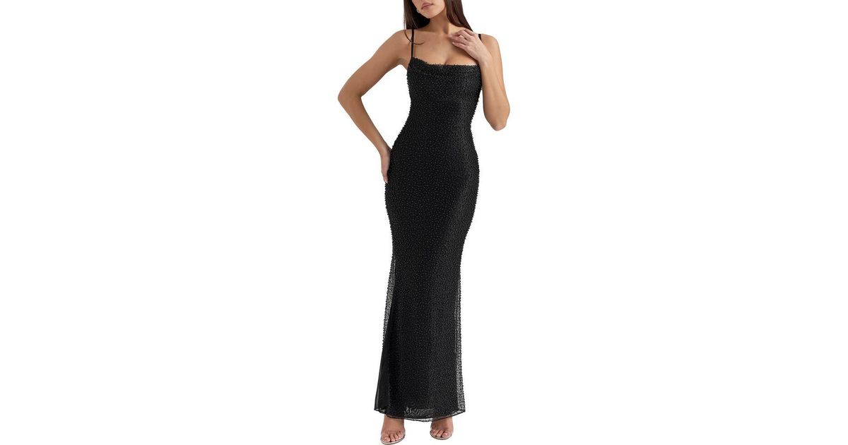 House Of Cb Calla Beaded Mesh Overlay Gown in Black | Lyst