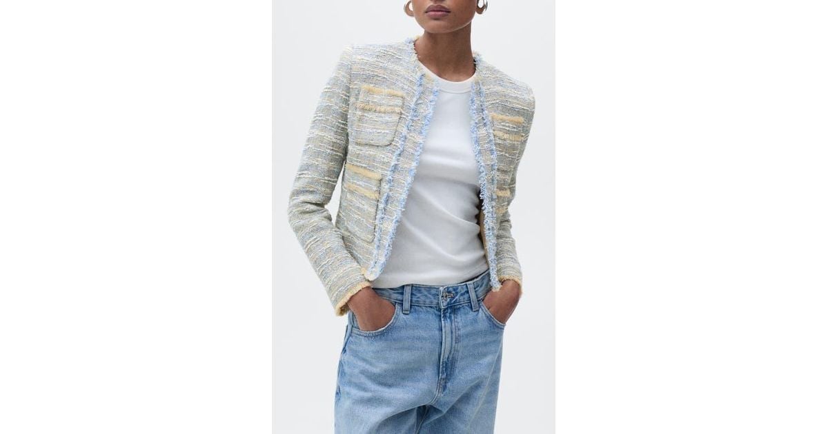 Mango Fringe Detail Cotton Blend Tweed Jacket in Blue | Lyst