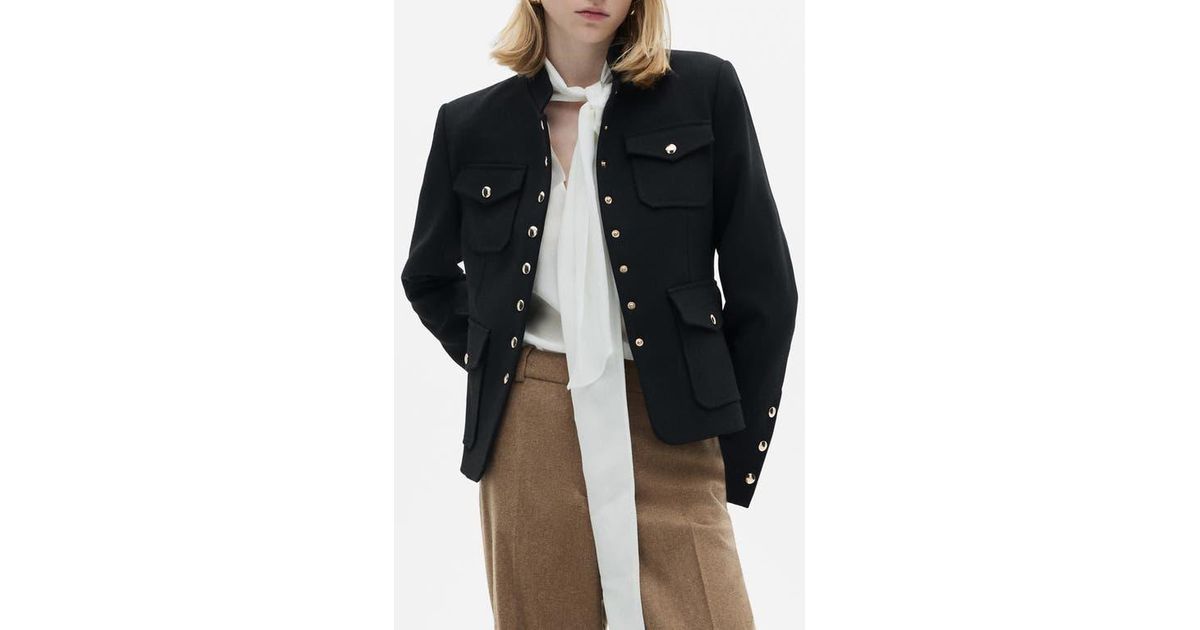 Mango Mandarin Collar Snap Front Jacket in Black | Lyst