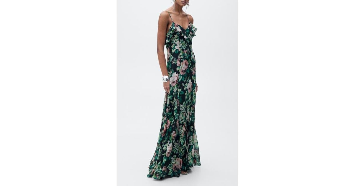 Mango Floral Ruffle Detail Dress in Green | Lyst