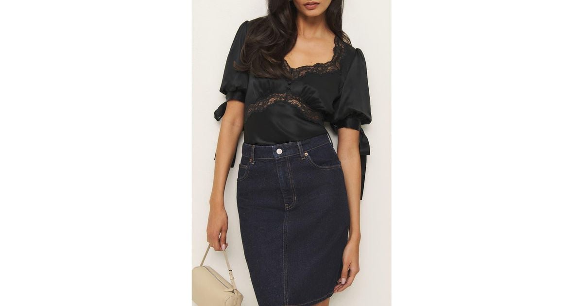 Reformation Dolly Lace Trim Silk Charmeuse Top in Black | Lyst