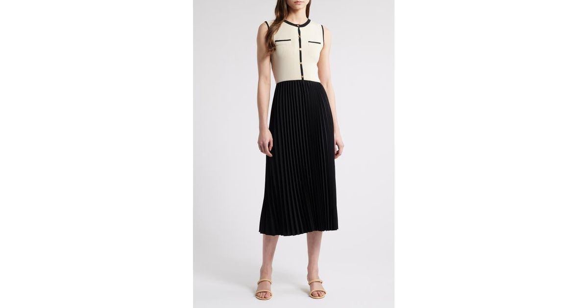 ZOE AND CLAIRE Mixed Media Pleated Midi Dress in Black | Lyst