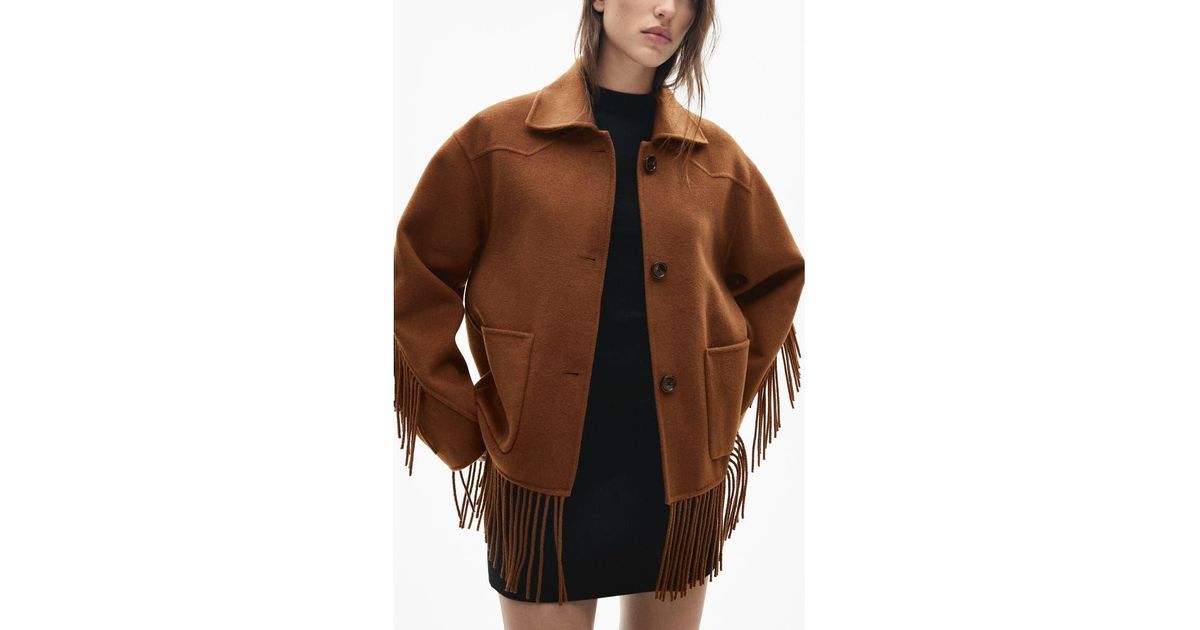 Mango Fringed Wool Blend Coat in Brown | Lyst