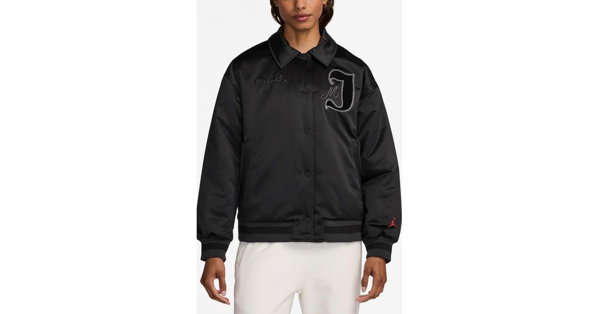 Nike Chenille Patch Satin Varsity Bomber Jacket in Black | Lyst