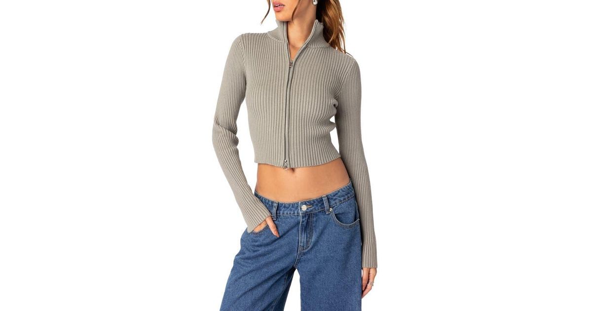 Edikted Crop Front Zip Rib Cardigan in Gray | Lyst