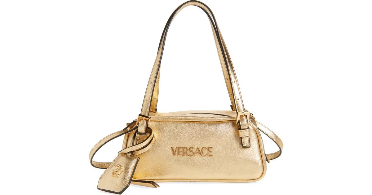 Versace Mini Tag Bowling Metallic Leather Shoulder Bag in Natural | Lyst