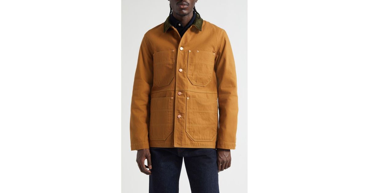Drake's Check Lined Cotton Canvas Welder Chore Jacket in Brown for Men ...