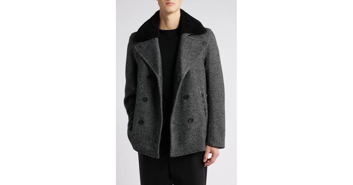 Mackage Cole Genuine Shearling Collar Wool Blend Peacoat in Black for Men | Lyst