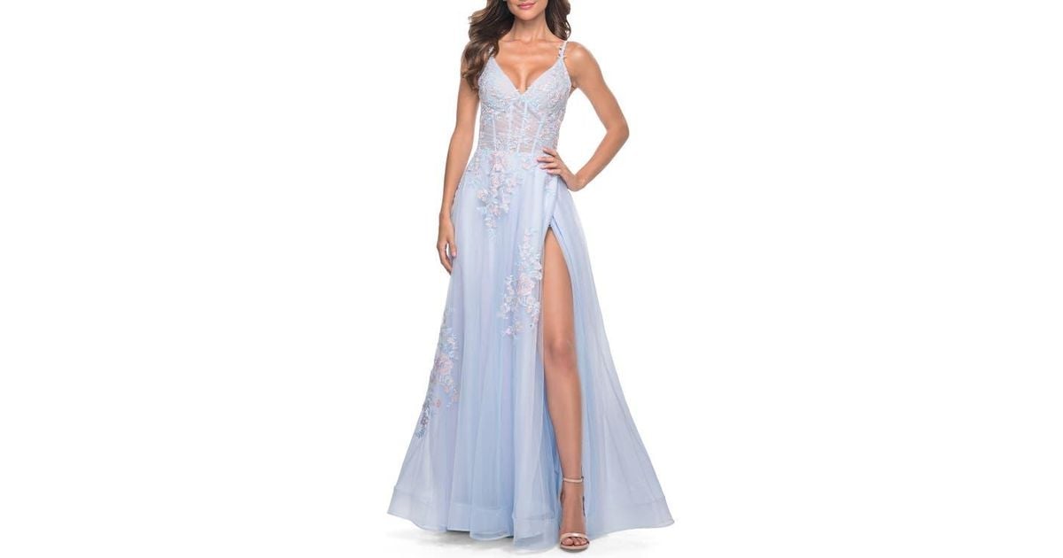 La Femme A-Line Tulle Prom Dress With Scattered Lace Applique in Blue ...