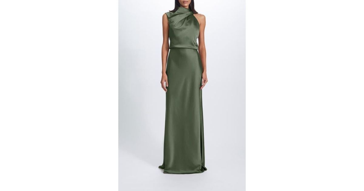 Amsale Fluid Satin Draped Neck Dress in Green | Lyst