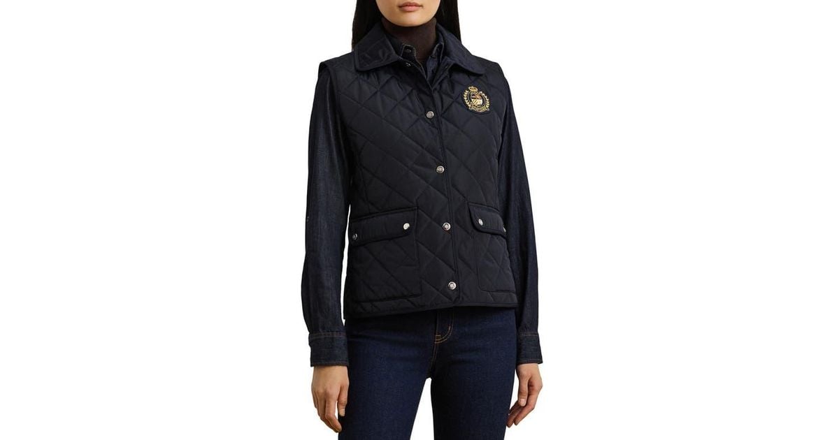 Ralph Lauren Crest Patch Quilted Vest in Black | Lyst