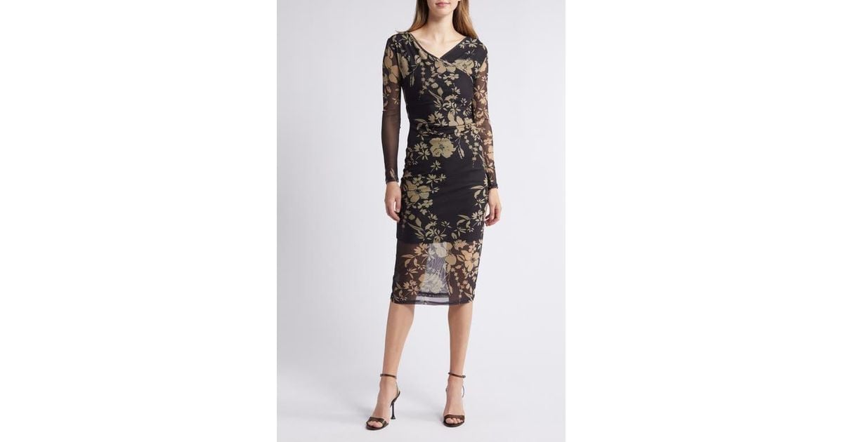 NIKKI LUND Britt Floral Print Long Sleeve Mesh Maxi Dress in Black | Lyst