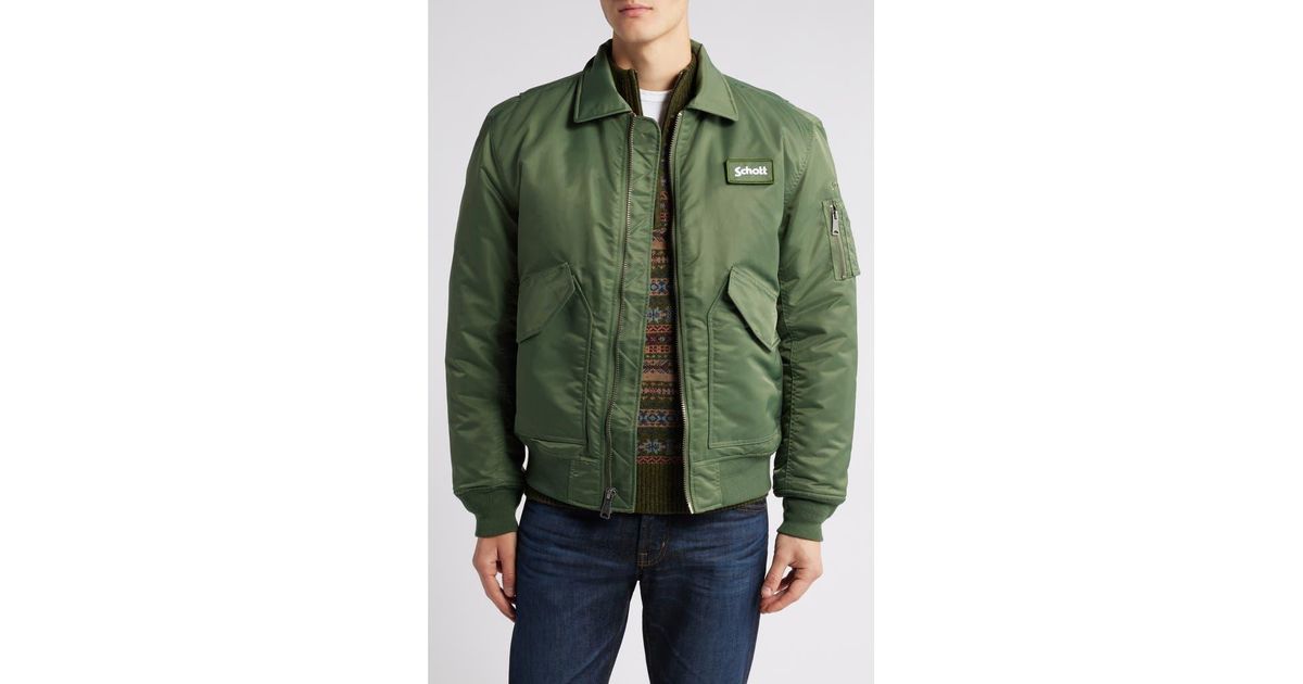 Schott Nyc Water Resistant Satin Flight Jacket in Green for Men | Lyst