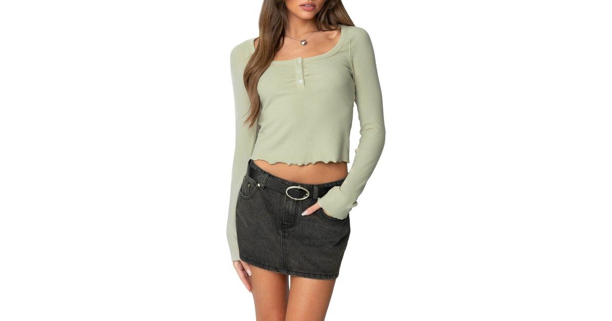 Edikted Jayde Long Sleeve Rib Henley in Green | Lyst