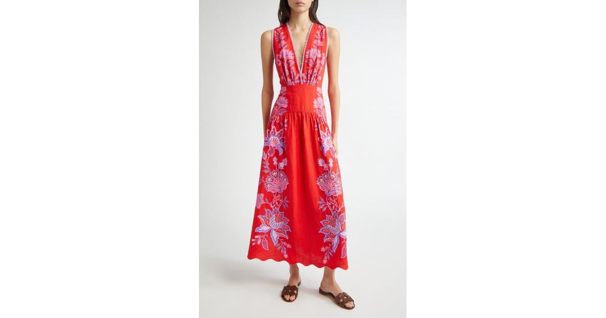 FARM Rio Porcelain Garden Floral Linen Maxi Dress in Red | Lyst