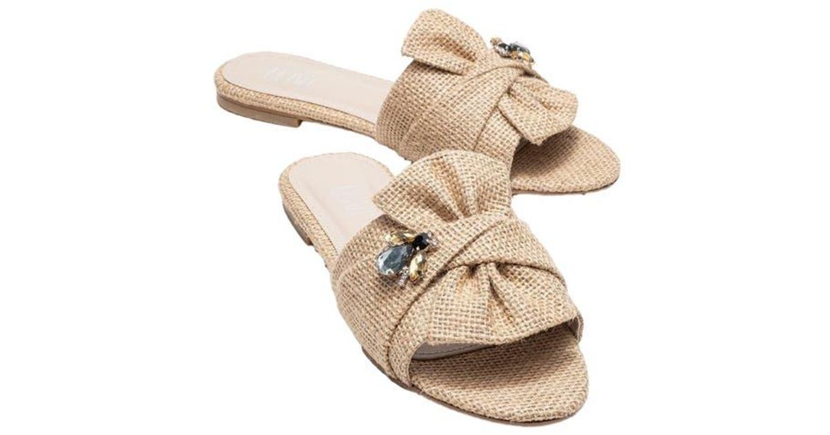 Prologue Shoes Daphne Raffia Bow Slide Sandal in Natural | Lyst