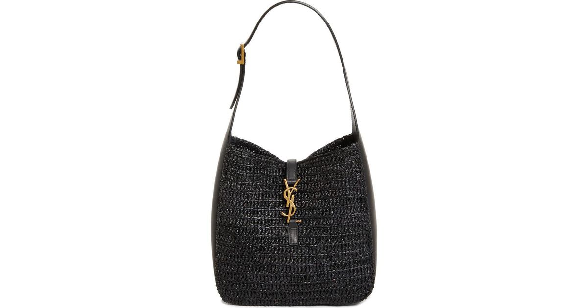 Saint Laurent Small Le 5 À 7 Woven Raffia Hobo Bag in Black | Lyst