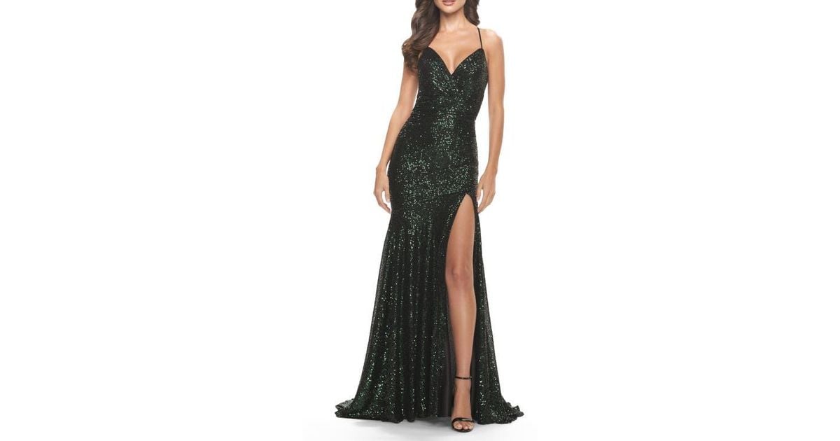 La Femme Long Sequin Gown With Dramatic Flare Skirt And Slit in Black ...