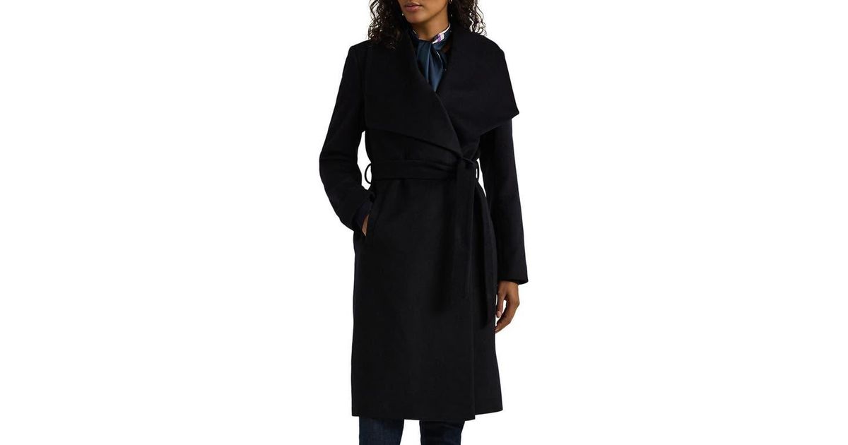 Ralph Lauren Longline Wool Blend Wrap Coat in Black | Lyst