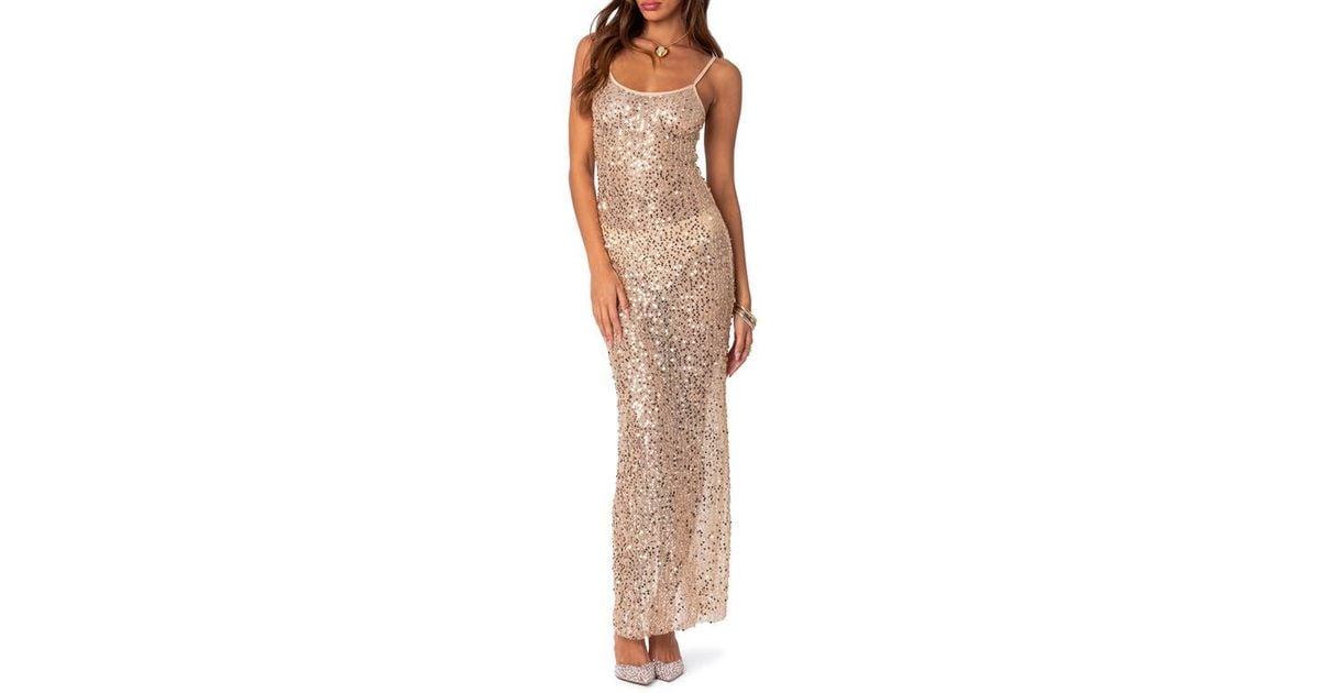 Edikted Sheer Mesh Sequin Maxi Dress in Natural | Lyst