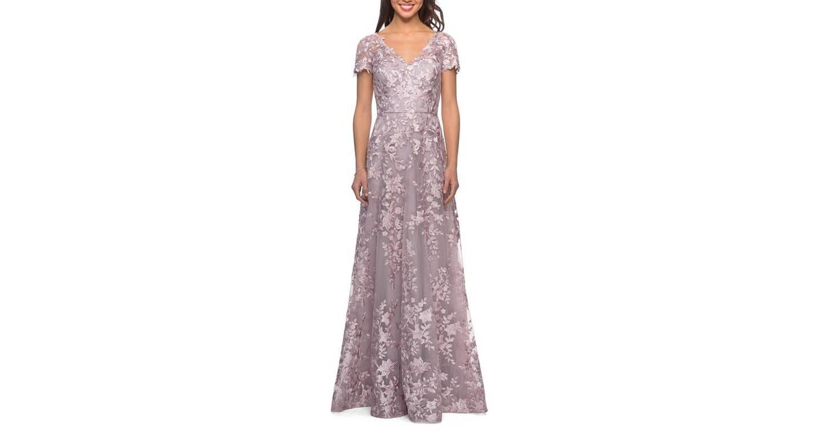 La Femme Long Lace Evening Dress With Cap Sleeves in Purple | Lyst