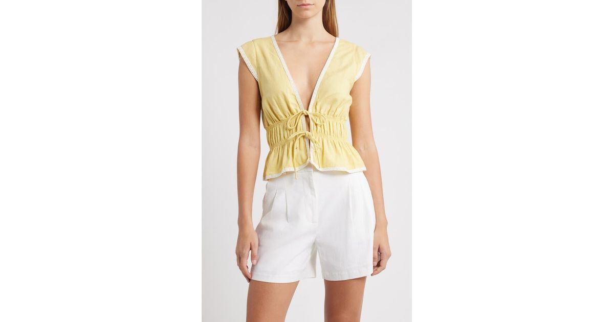 Wayf Clara Tie Front Linen Blend Top in White | Lyst